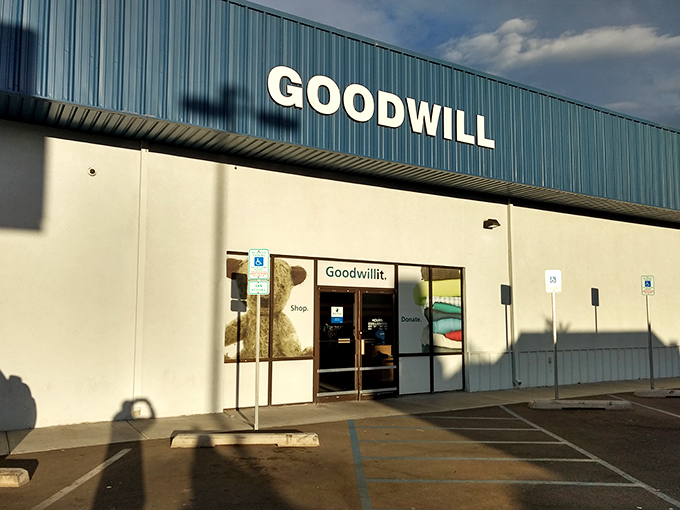 The clean lines of Goodwill's exterior hide a labyrinth of potential finds. Behind those doors, adventures await!