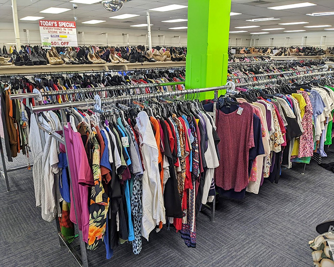Endless racks of possibilities stretch before you, proving Goodwill's reputation for variety remains absolutely unmatched.