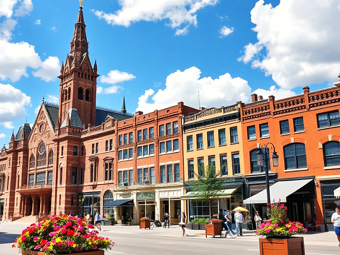 Classic main street America unfolds where heritage buildings house modern businesses serving timeless small-town values and friendship.