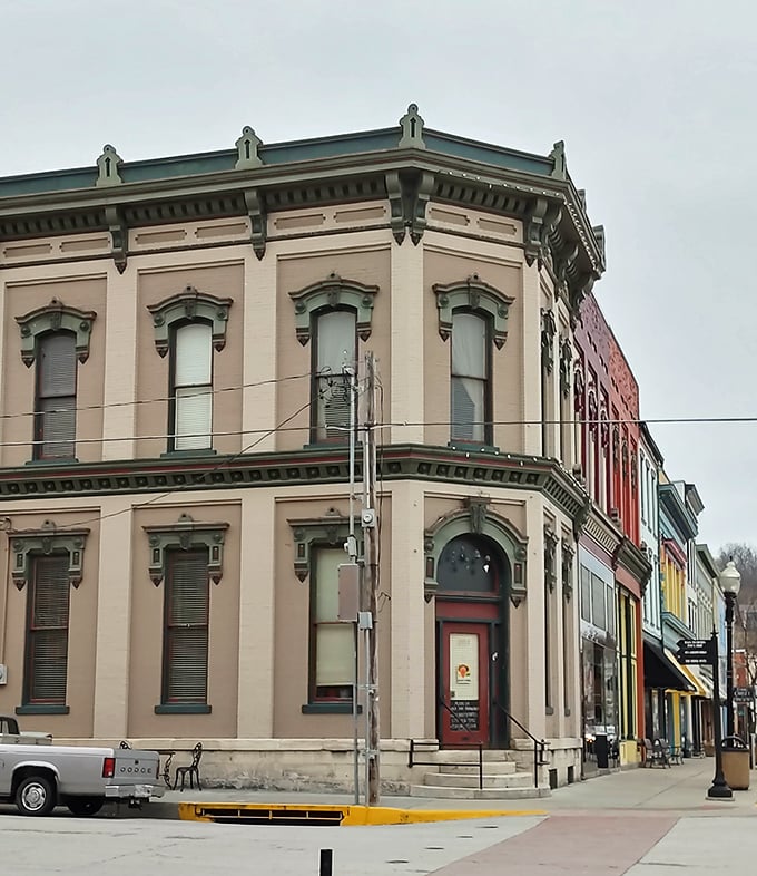 Victorian elegance meets small-town charm in this beautifully preserved corner building, a testament to Hannibal's architectural heritage.