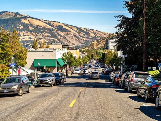 Hood River's golden fall colors complement historic buildings and mountain backdrops. Even running to the post office feels like a scenic adventure here.