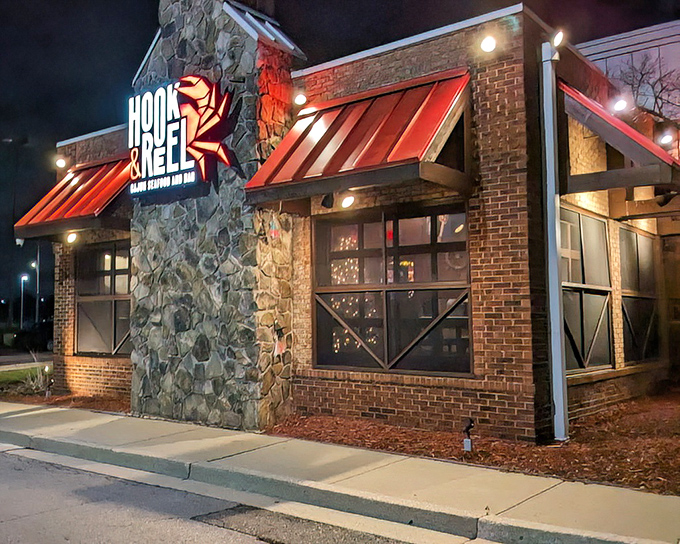 The warm glow from Hook & Reel's windows at night is like a siren song for Cajun seafood lovers.