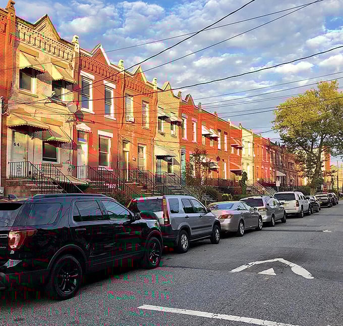 Jersey City&rsquo;s brick row houses glow in the afternoon sun&mdash;a quiet reminder of urban life with neighborhood warmth.