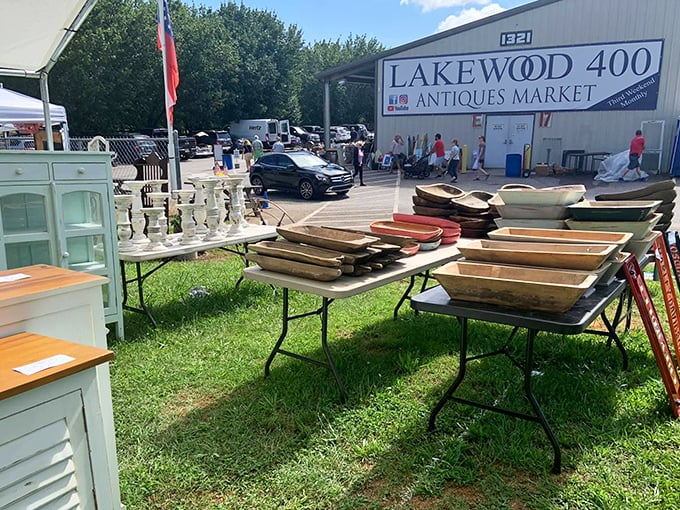 Outdoor displays and busy shoppers create the perfect atmosphere for serious antique hunting adventures.