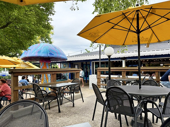 Yellow umbrellas, outdoor tables, and pizza that makes you want to linger all afternoon. Mellow indeed.