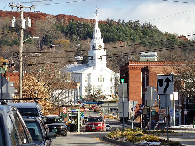 The perfect Vermont trifecta: white church steeple, brick buildings, and enough fall foliage to make your Instagram followers jealous.