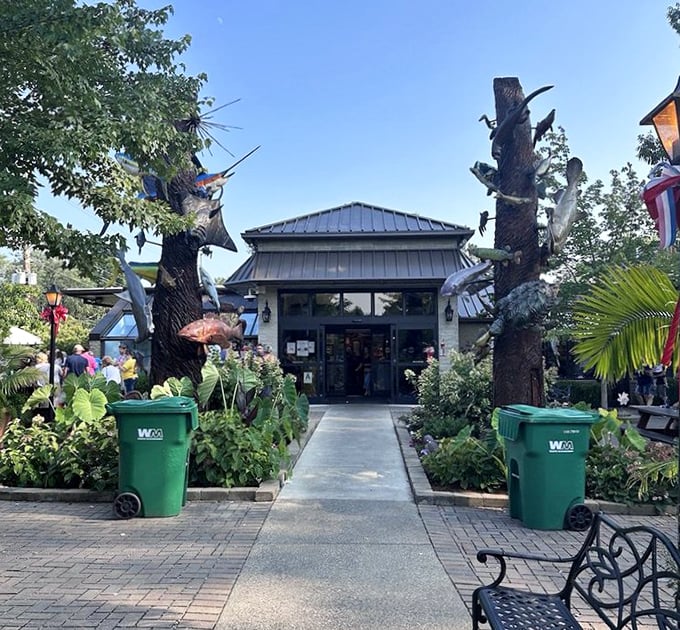 The whimsical entrance to Mike Linnig's hints at the playful seafood paradise waiting beyond those doors.