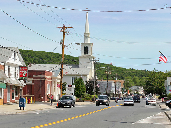 Church spires and blue skies watch over Monson, where Social Security checks stretch as far as the rural horizons.