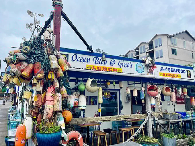 Fishing buoys create a colorful welcome at Ocean Bleu &ndash; where decoration doubles as authentic maritime history.