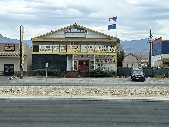 Desert town buildings house businesses where savings on gas and groceries add up to real money monthly.