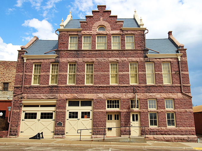 This historic fire station stands as a monument to community service and beautiful, distinctive local stone craftsmanship.