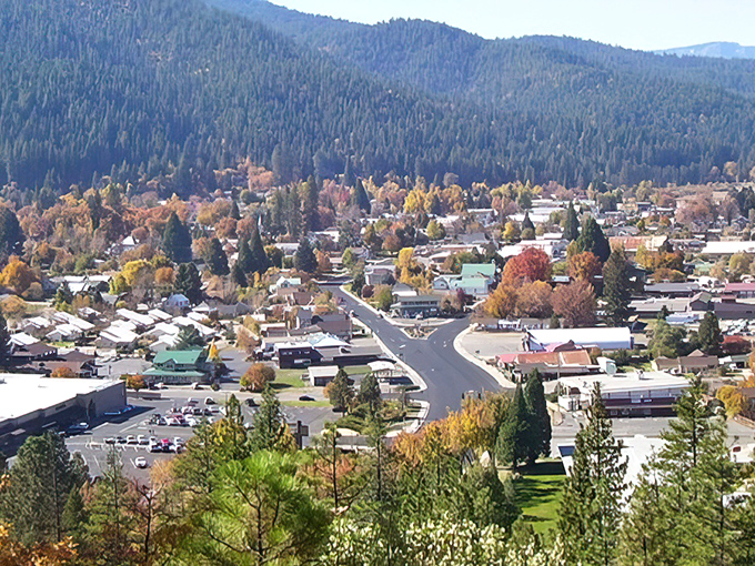 Pine-covered mountains frame this peaceful valley town where stress simply melts away naturally.