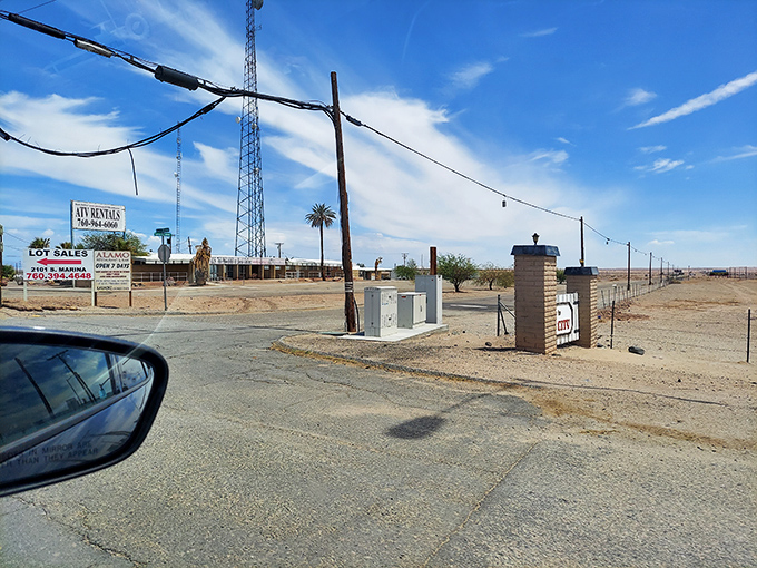 Desert entrepreneurship on display! This sun-baked entrance to a local business reminds us that frontier spirit still thrives in California's most remote corners.