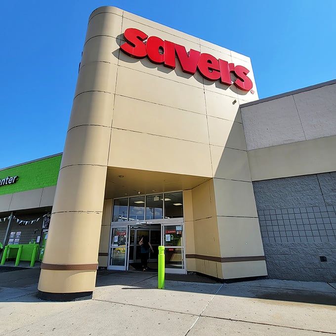 The familiar curved entrance and professional signage welcome shoppers into yet another treasure-filled adventure where great deals await around every corner.