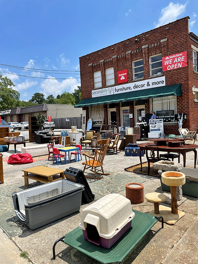 Furniture spills onto the sidewalk like an outdoor preview of the indoor shopping adventure awaiting.
