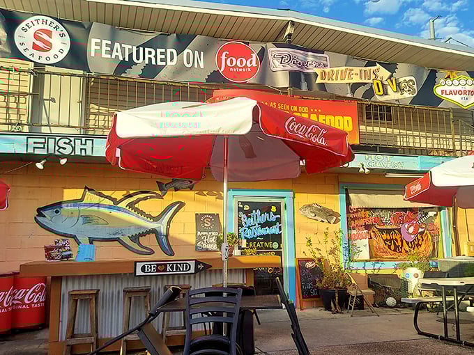 Food Network fame hasn't changed Seither's down-home charm. Those painted fish outside are just a preview of what's swimming to your plate.