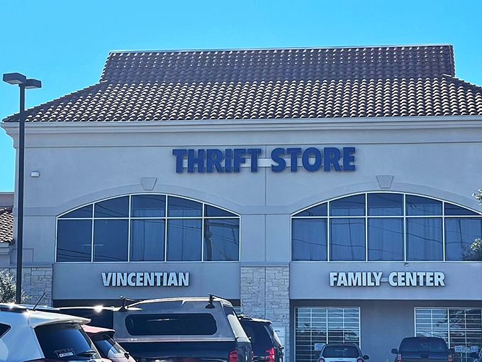The Spanish-style roof tiles add a touch of elegance to your bargain hunting. Thrifting with architectural flair!