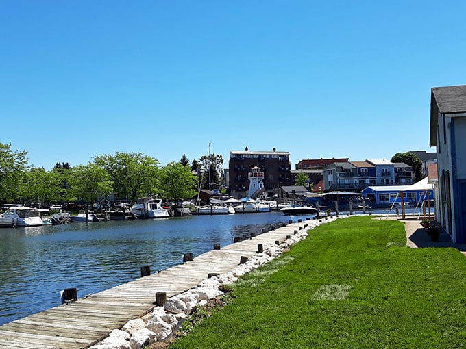 The marina and river create a peaceful scene where boats dock and visitors remember to just breathe.