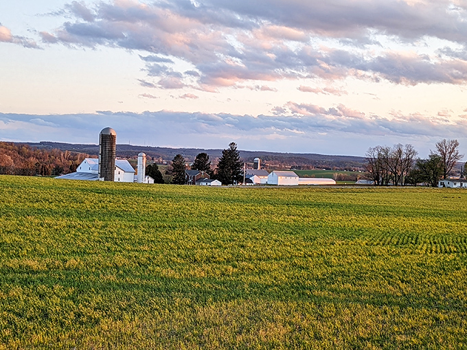 The quintessential Amish farm scene &ndash; complete with white barn, towering silo, and the peaceful absence of rush hour.