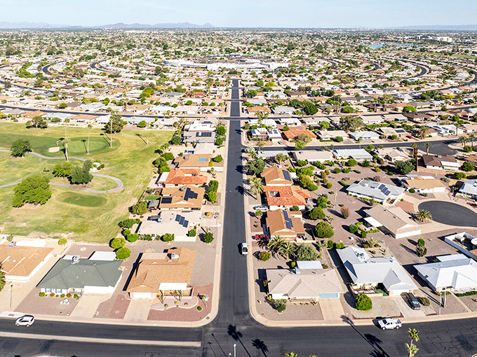 From above, Sun City&rsquo;s tidy streets and golf-course greens reveal retirement living planned with geometric precision&mdash;where even leisure follows a blueprint.