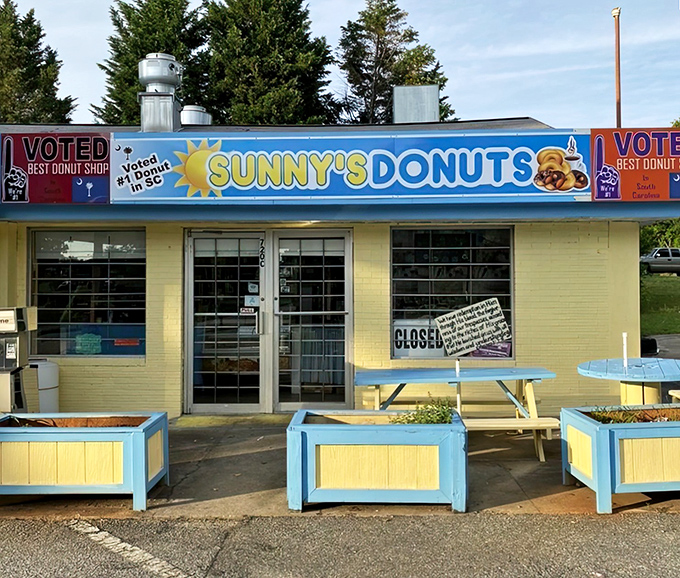 Those blue planters outside Sunny's aren't just decoration - they're waiting areas for donuts so good they've been voted #1!