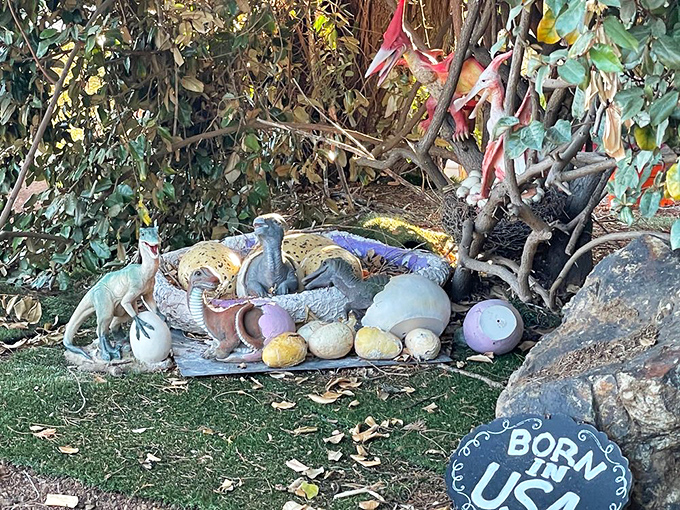 Whimsical dinosaur sculptures populate the yard of the famous Flintstone House, much to the neighbors' dismay.