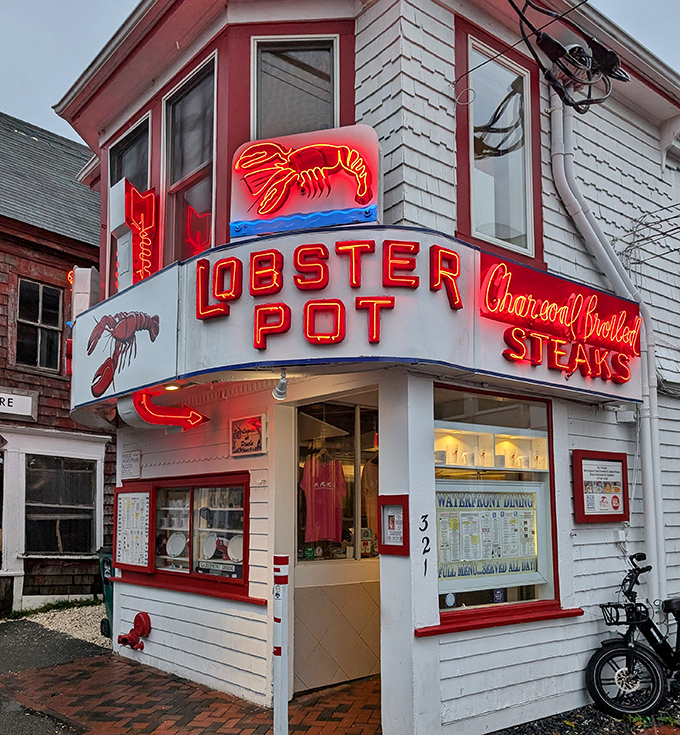 The Lobster Pot: When the neon lobster glows, dinner dreams come true. A Cape Cod landmark that delivers on its glowing promise.