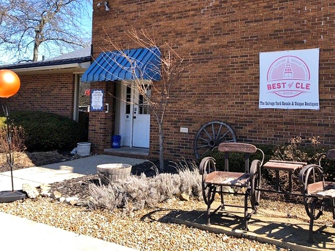 Rustic charm meets resale magic! The Salvage Yard's entrance hints at treasures waiting to be discovered.