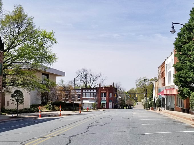 Tree-lined streets frame historic buildings where small businesses thrive and neighbors still wave hello.