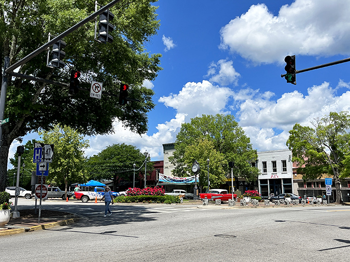 Washington's town square blooms under cloud-dappled skies&mdash;where classic cars park beside history and nobody's checking their watch or their phone.
