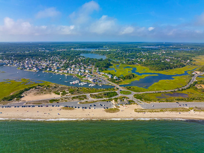 Aerial view of beaches, marshes, and waterways &ndash; nature's playground that respects your budget as much as the environment.