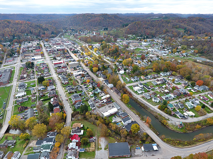 Nature's perfect frame! Weston's autumn aerial view reveals a town that fits into its valley like the last perfect piece of a jigsaw puzzle.