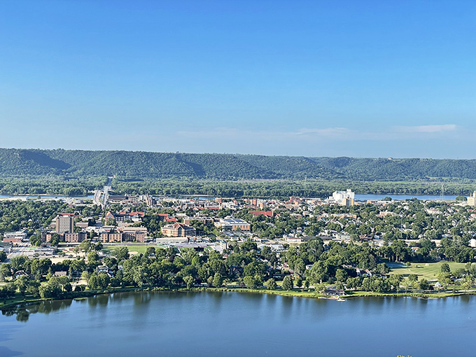 From the bluffs above, Winona spreads like a beautiful quilt beside America's greatest river.