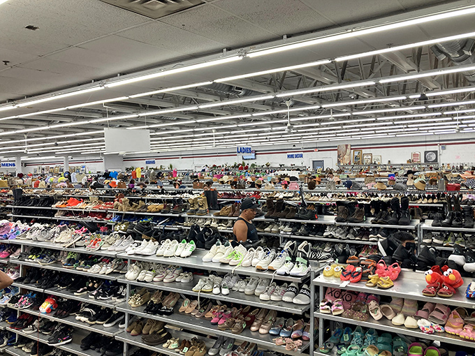 Rows upon rows of shoes stretch into the distance at World Thrift. This isn't shopping&mdash;it's an expedition into the land of amazing bargains!