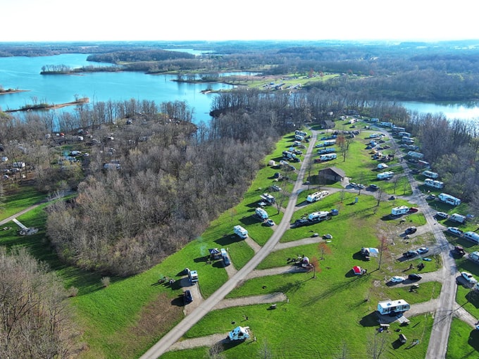 The campground from above reveals nature's perfect neighborhood layout &ndash; waterfront properties without the property taxes or homeowners association.