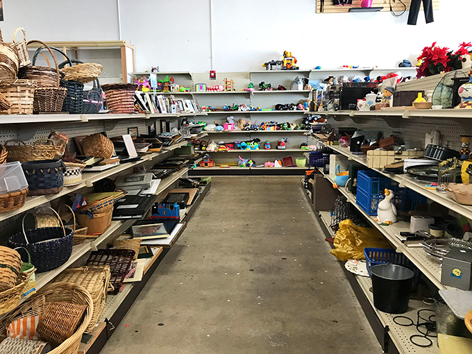 Every aisle tells a story - this one's filled with baskets, knickknacks, and treasures waiting for their second act.