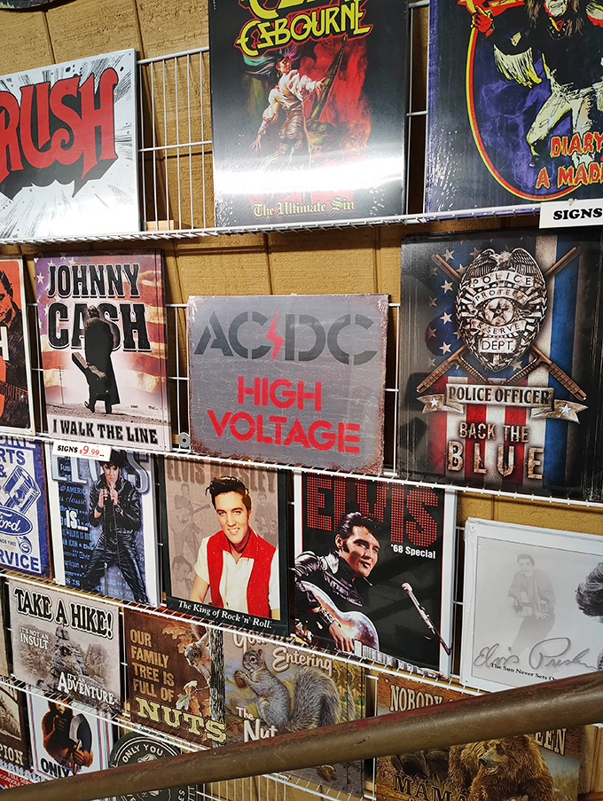 Rock history on display. From Johnny Cash to Ozzy, these metal signs celebrate musical legends who shaped the soundtrack of our lives.