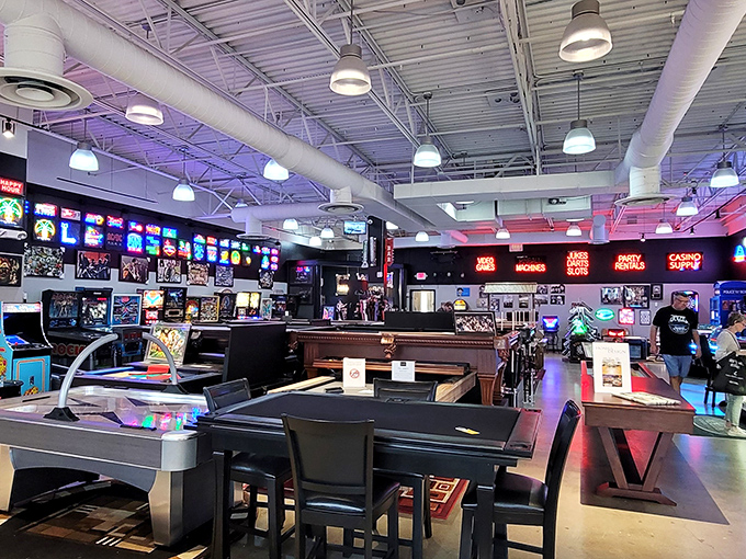 An unexpected arcade oasis amid shopping madness, where dads and kids find refuge while mom discovers "just one more" handbag bargain.