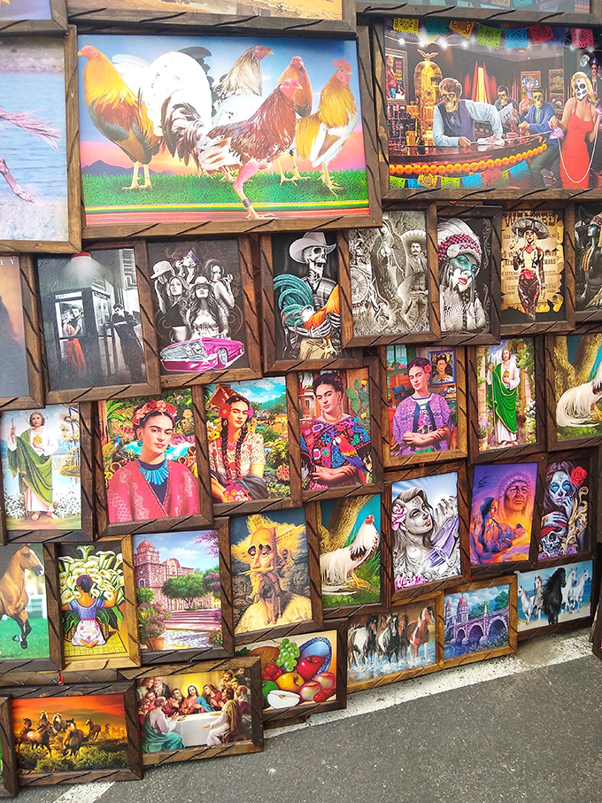 A gallery wall of vibrant Mexican folk art brings Frida Kahlo, roosters, and religious icons together in a celebration of color and culture.