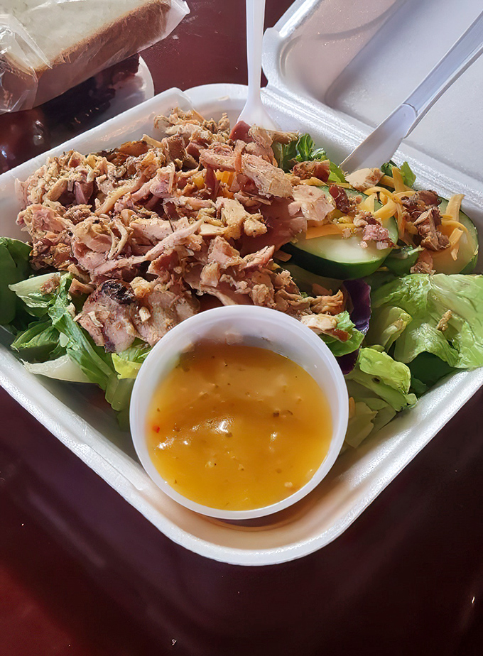 This BBQ salad proves healthy-ish eating doesn't mean sacrificing flavor - smoky meat playing nicely with fresh greens and that golden dressing.