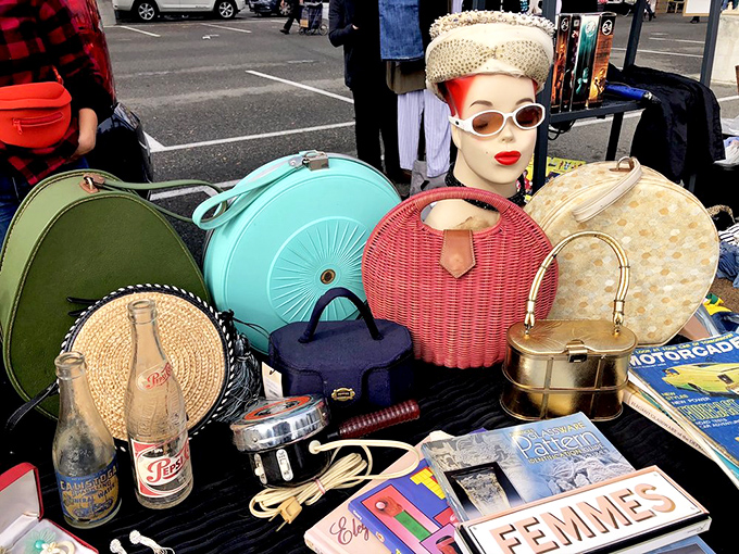 Vintage handbag heaven! That turquoise train case could have traveled to Vegas with the Rat Pack while that wicker purse screams "picnic with Audrey Hepburn."