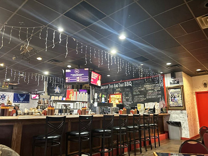 The counter where BBQ dreams come true. Notice the string lights adding that perfect touch of Kentucky charm to serious BBQ business.