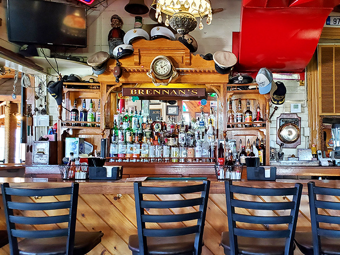 The bar at Brennan's doesn't just serve drinks; it serves history. Those captain's hats overhead have seen some stories worth hearing.