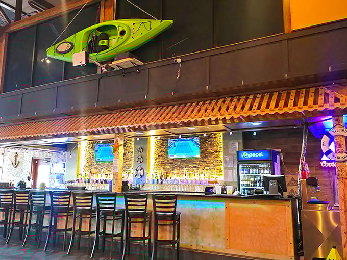 The bar area glows with promise&mdash;a front-row seat to where beer is poured cold and seafood dreams come true.