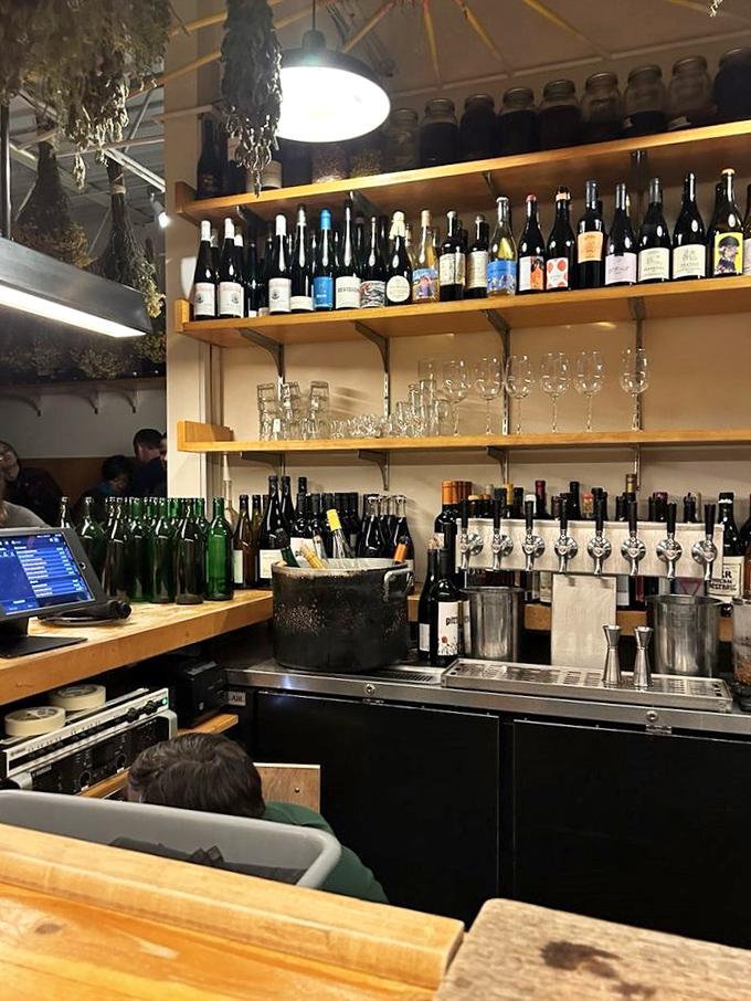 The bar shelves at Apteka display an impressive collection of Eastern European spirits and natural wines&mdash;liquid courage before your vegan adventure.