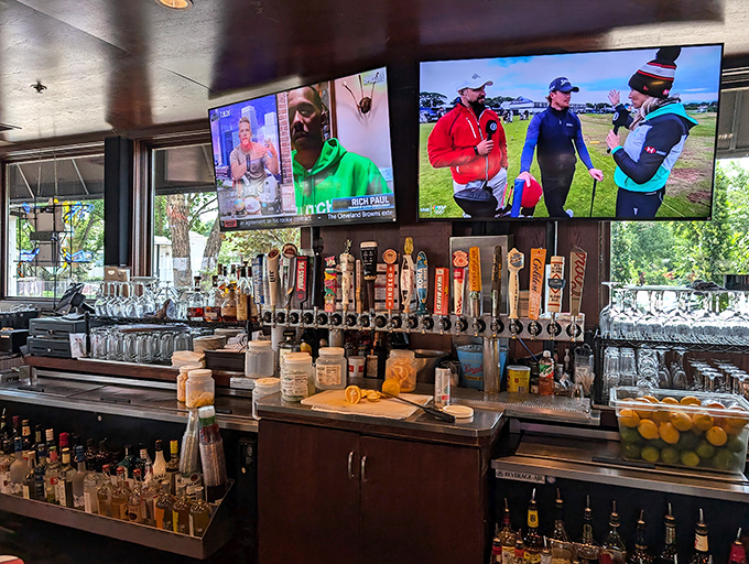 The bar at Maynards isn't just stocked&mdash;it's armed for any beverage battle. Those taps stand ready for thirsty lake-goers.