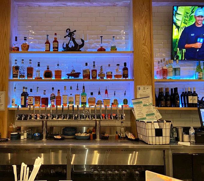 The bar area glows with amber bottles and nautical touches &ndash; like the world's most sophisticated ship captain decided to open a watering hole.