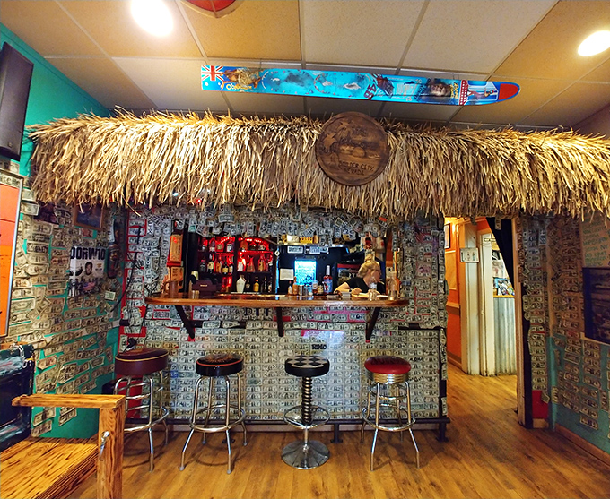 The tiki-inspired bar area makes you wonder if your coffee might arrive with a tiny umbrella. Desert meets tropical paradise.