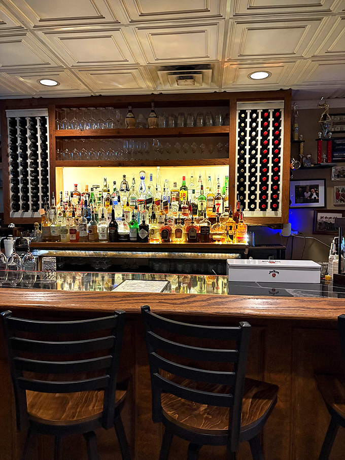 The bar isn't just stocked&mdash;it's a liquid library of spirits where Italian wines share shelf space with bourbon in perfect cross-cultural harmony.