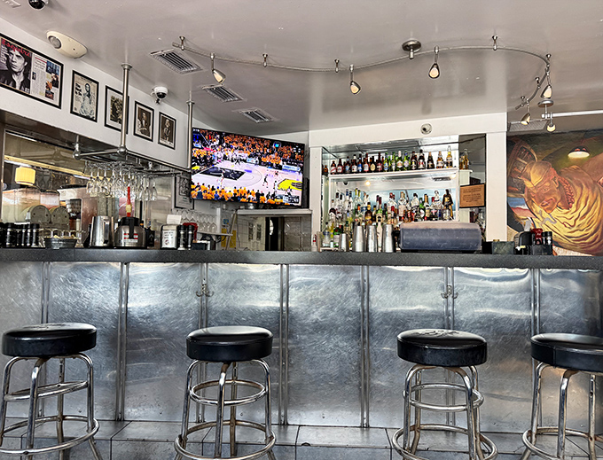 The full bar area adds an unexpected twist to the traditional diner concept&mdash;because sometimes your pancakes need a Bloody Mary sidekick.
